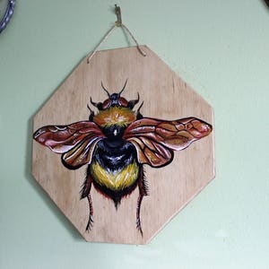 Hand Painted Bumble Bee on Octagon Wood Plaque Original Acrylic Bumble ...