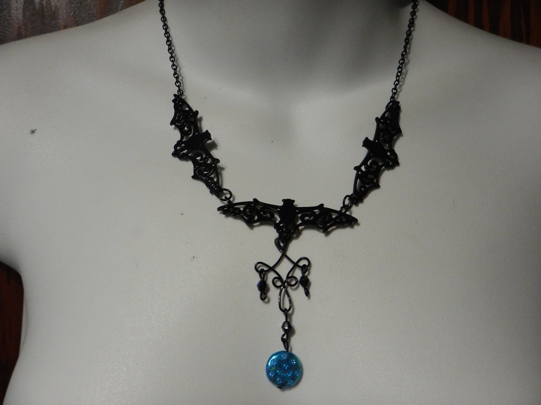 Black Filigree Vampire Bat Necklace W/ Wire Cross, Iridescent Teal Blue ...
