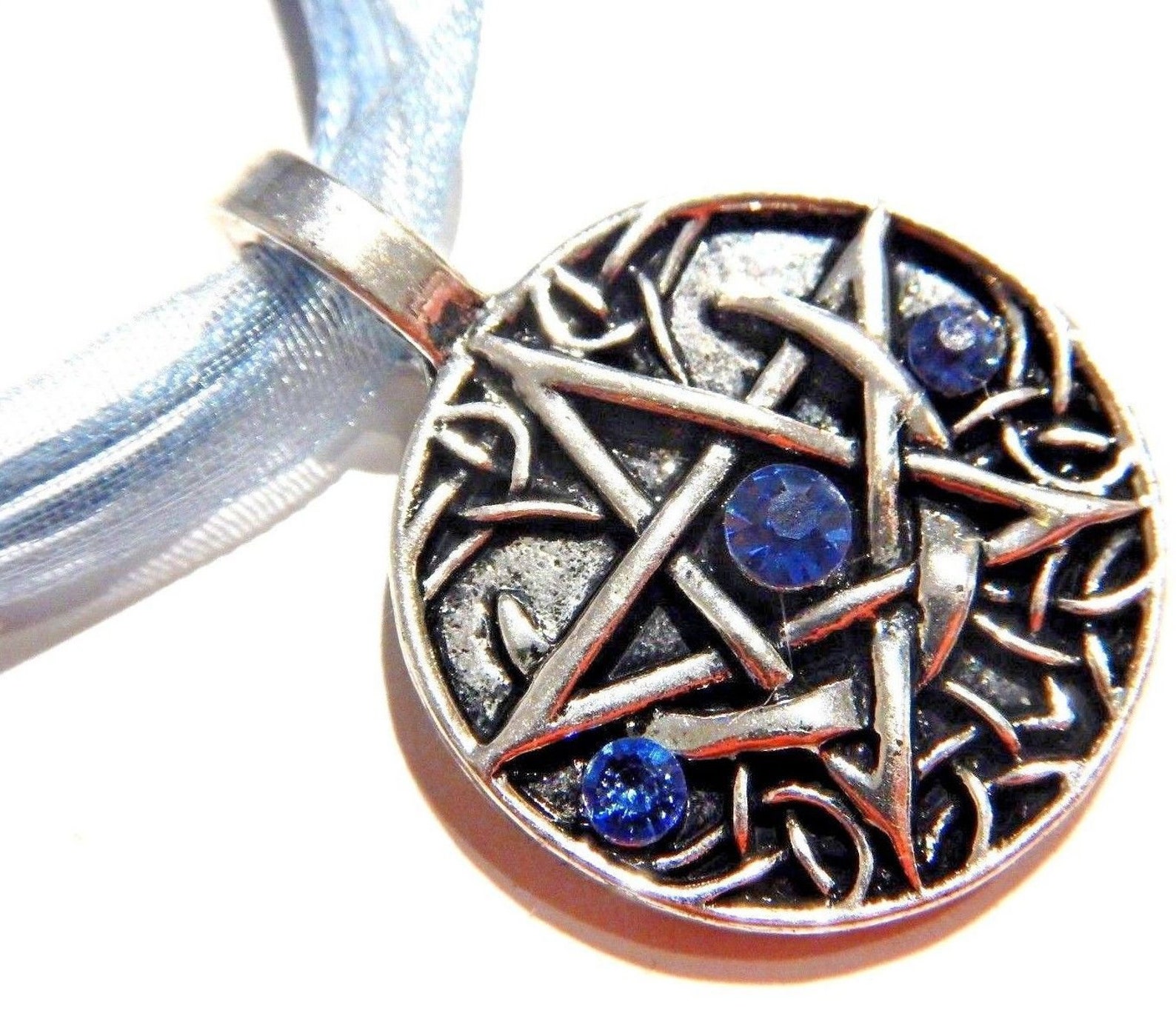 Silver-tone Pentagram & Crescent Moon Amulet on Blue Organza - Etsy
