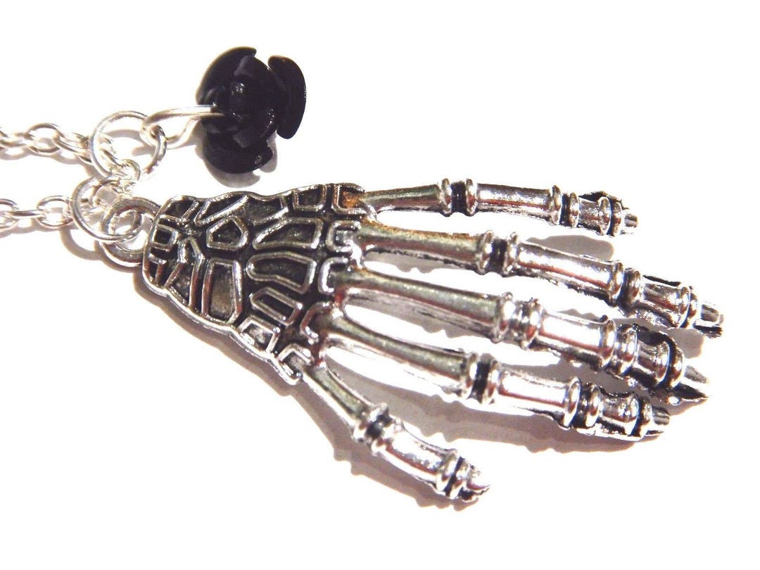 Silver Skeletal Hand Pendant on Chain Necklace With Black Rose 2P - Etsy