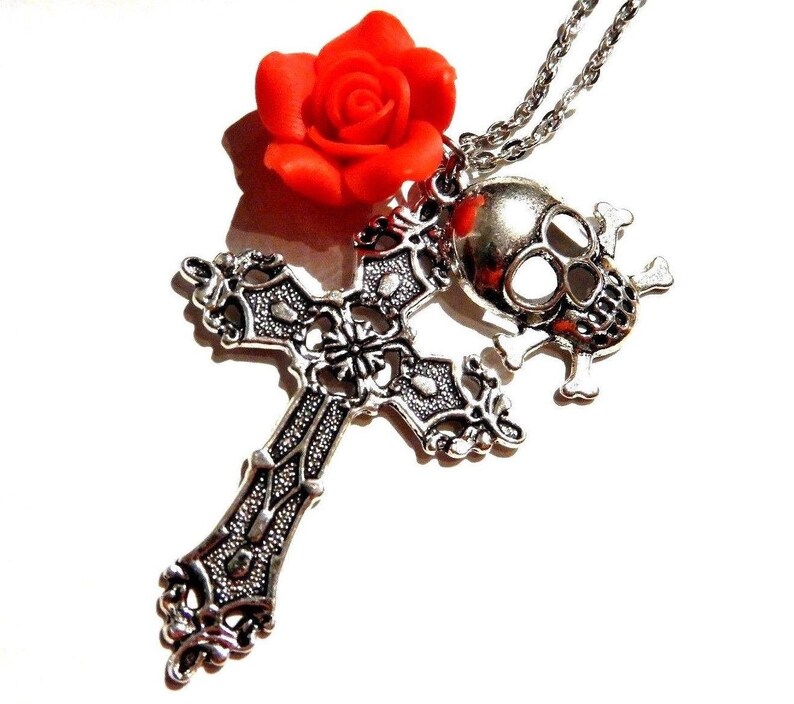 Red Rose Silver Gothic Cross & Skull Pendants on Matching | Etsy