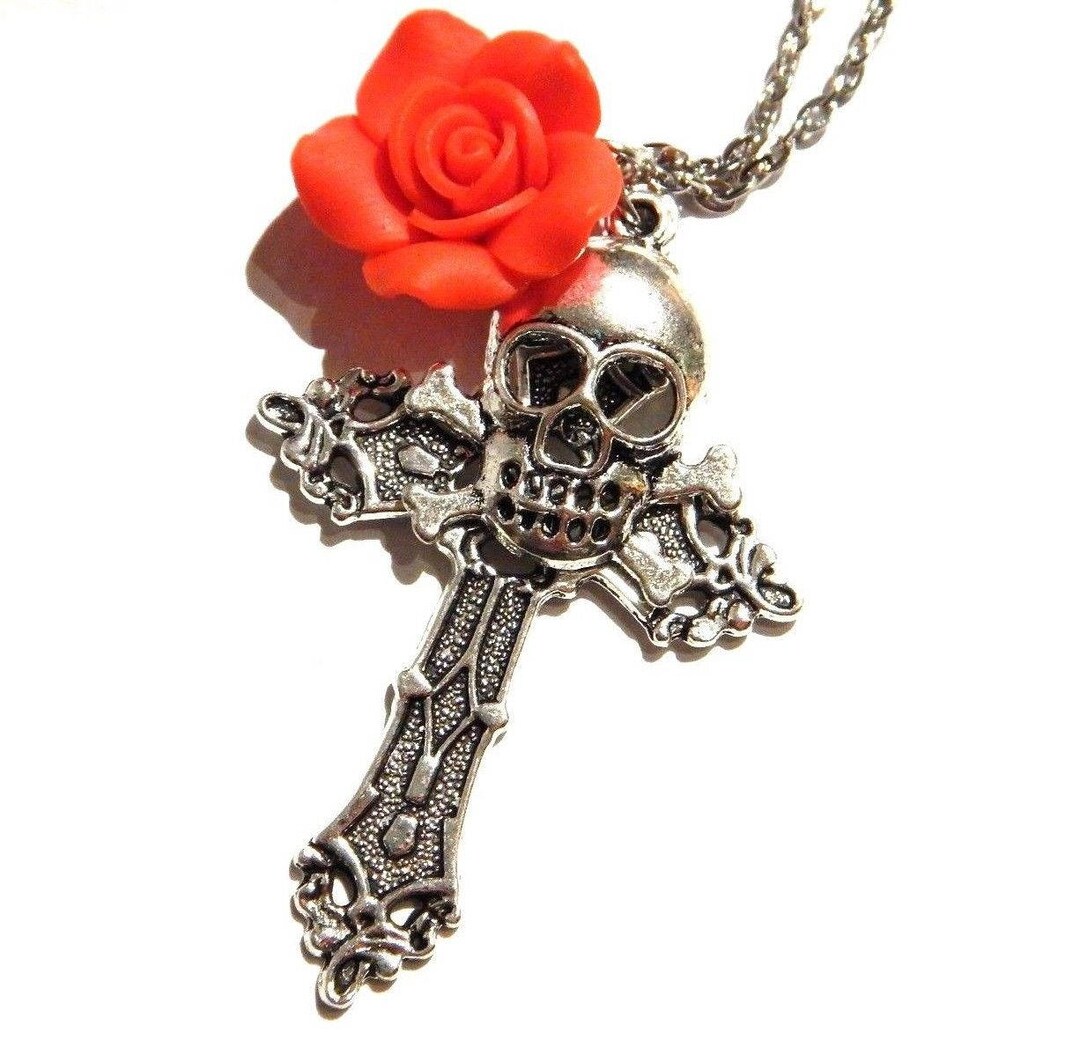 Red Rose Silver Gothic Cross & Skull Pendants on Matching Chain ...