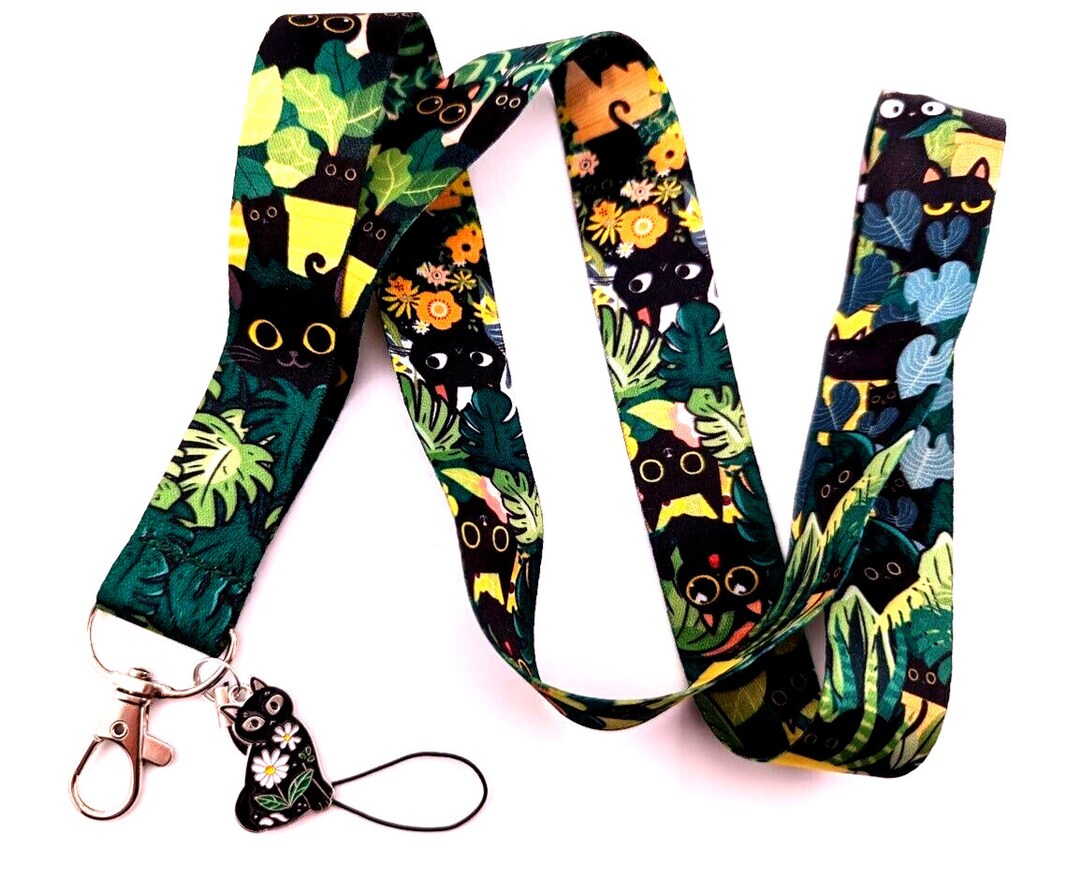 Black Cats & House Plants Lanyard Flower Kitty Badge ID Neck Strap Key ...