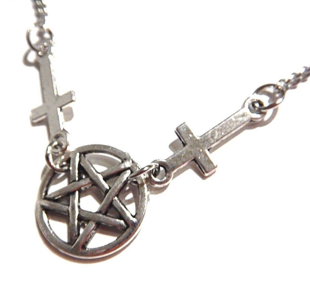 Inverted Silver Pentacle & Inverted Crosses Dainty Chain Necklace ...