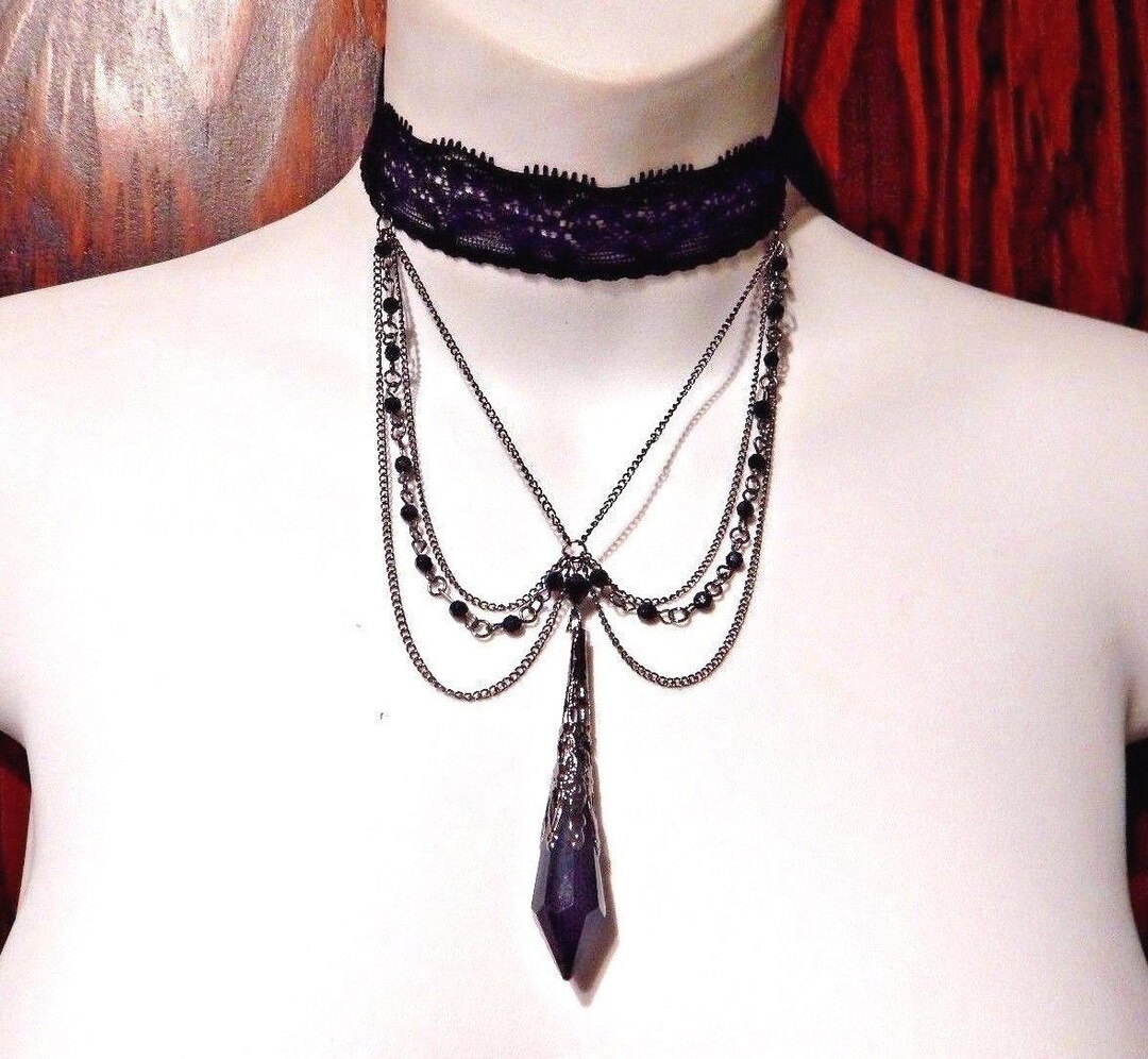 Black Stretchy Lace Choker With Chains & Teardrop Bead Pendant 6M - Etsy