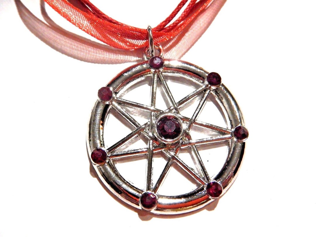 Septegram Heptagram 7-pointed Star Silver-tone Pendant on Red Orvanza ...