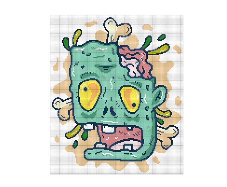 Zombie Head Cross Stitch Pattern | Horror | Halloween | Brains | Bones ...
