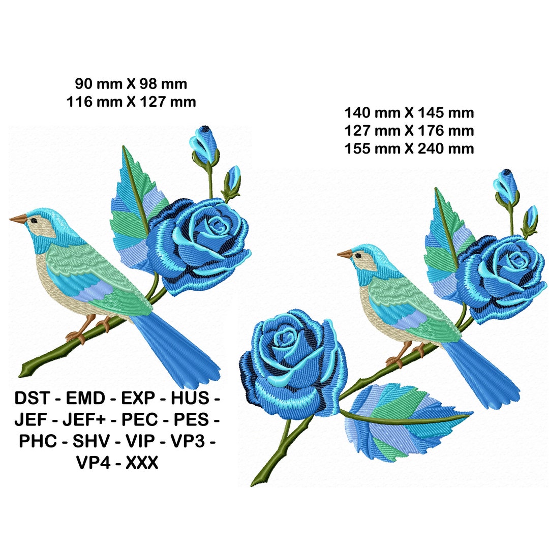 Blue Bird Embroidery With Roses Machine Embroidery Design, Floral ...