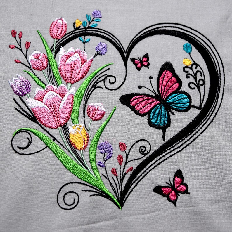 Heart Embroidery Design With Tulips and Butterflies, Machine Embroidery ...