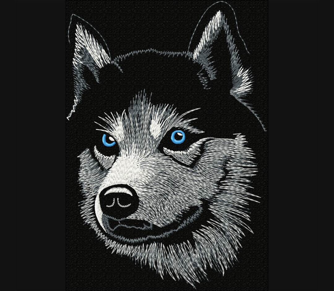 Husky Dog Machine Embroidery Design Dog Portrait on Black Fabric ...