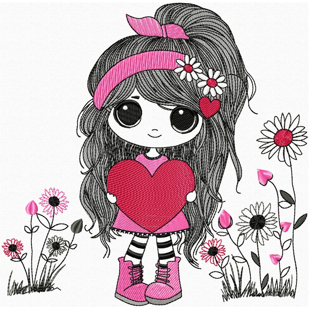 Cute Little Girl Machine Embroidery Line Art, Room Decoration for ...