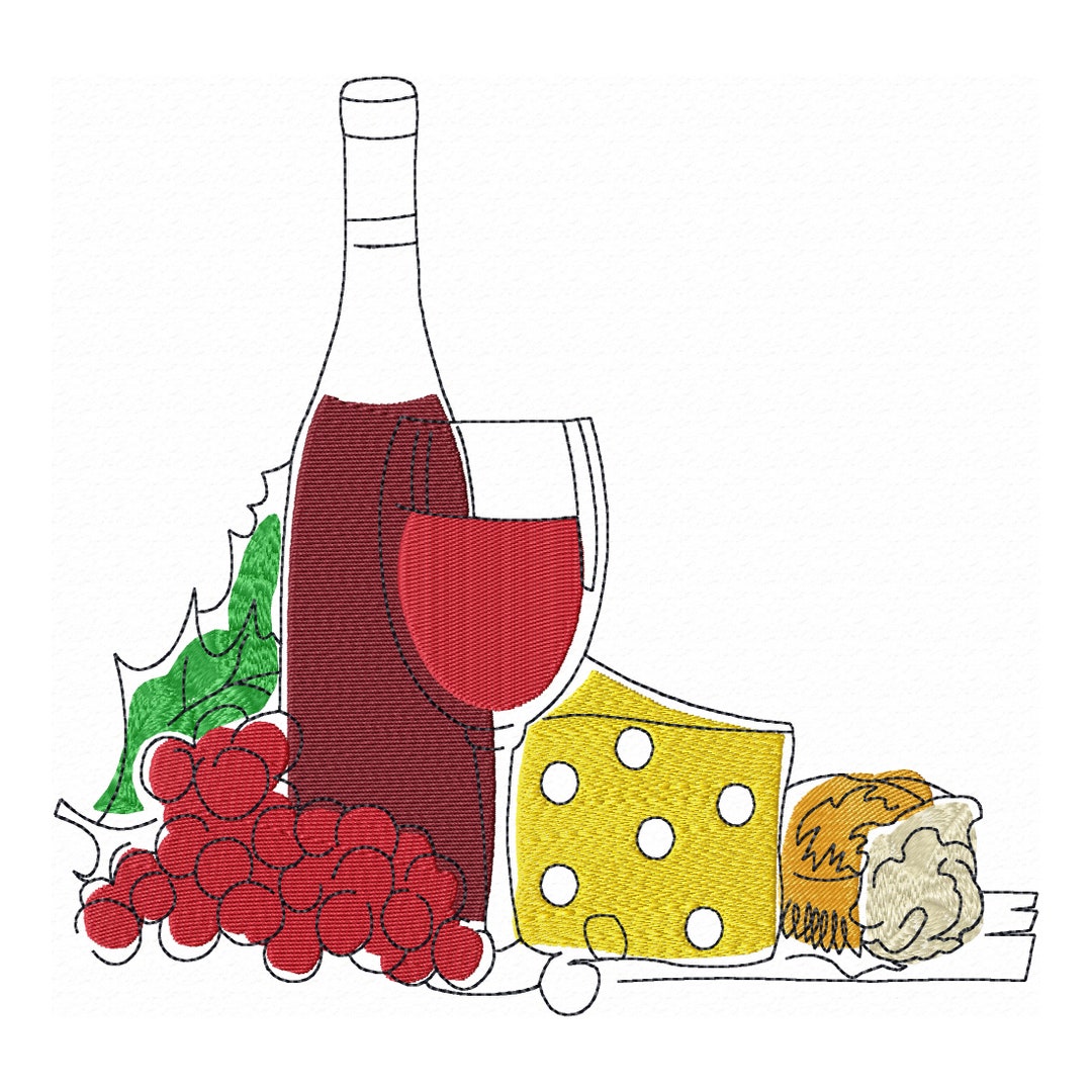 Wine and Cheese Tasting Machine Embroidery Kitchen Decor, Tableware Art ...