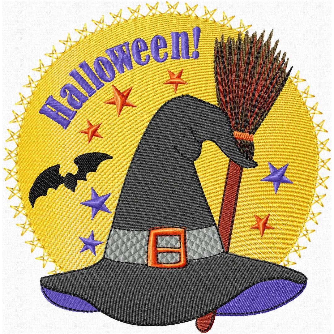 Halloween Embroidery Design Moon Witch Hat and Broom Machine Embroidery ...