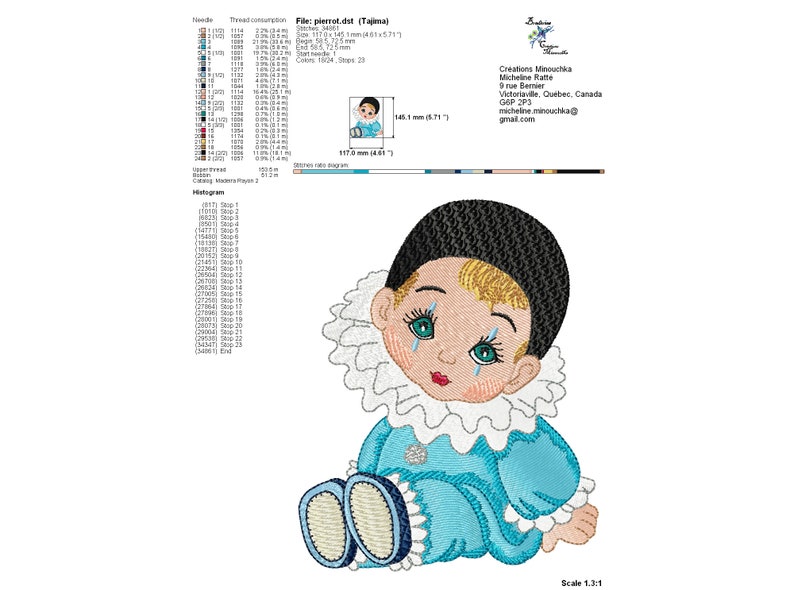 Pierrot the Clown Machine Embroidery, Children Embroidery, Little Boy ...