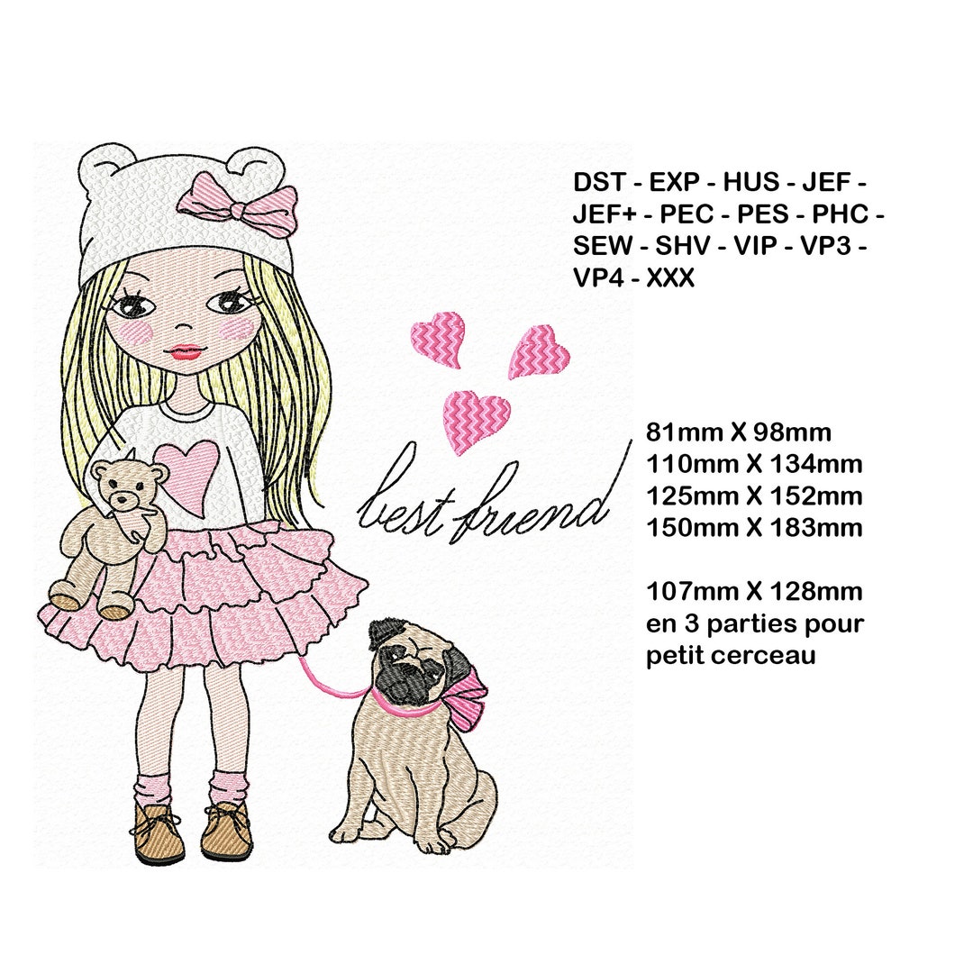 Child Embroidery Design, Machine Embroidery, Girl and Her Dog ...
