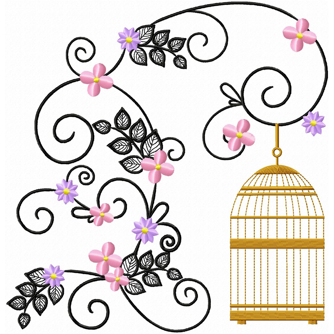 Flowers and Bird Cage Embroidery Design Machine Embroidery of Floral ...