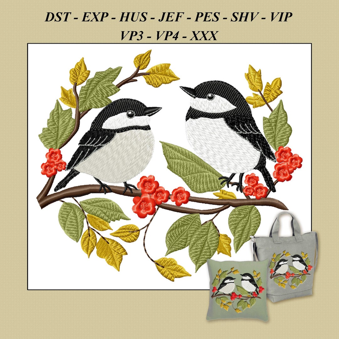 Pretty Chickadees Machine Embroidery Design Floral Embroidery, Birds on ...