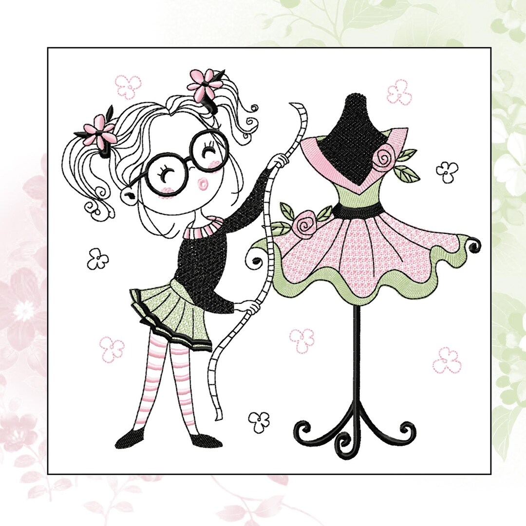 Dressmaker Embroidery Design Machine Embroidery of Young Girl Creating ...