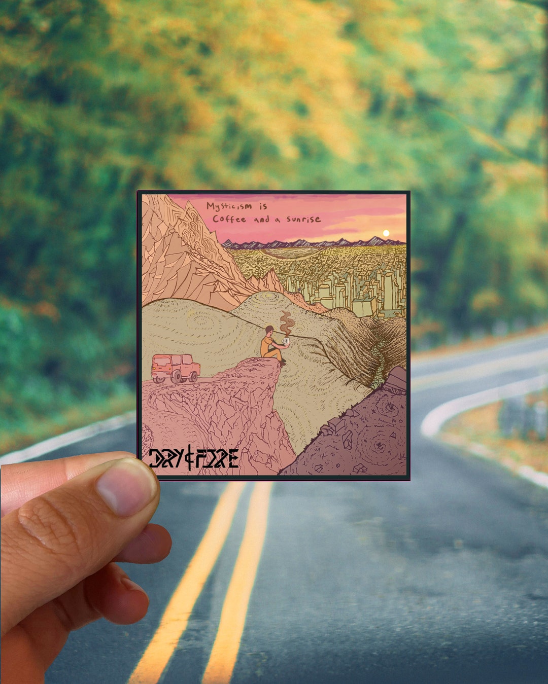 Sunrise Coffee Van Life Vinyl Sticker, Trippy Nature Lover Sticker ...