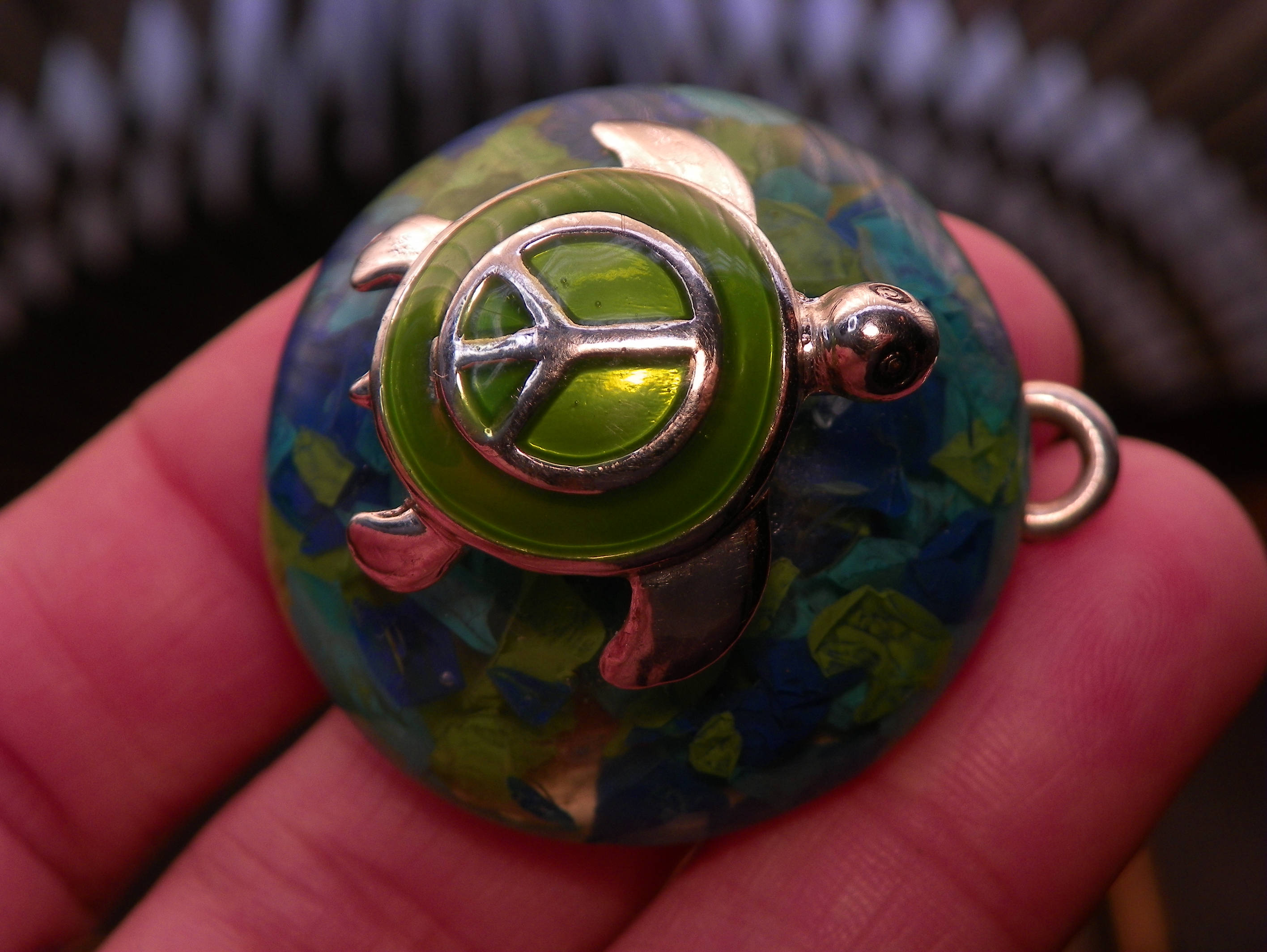 UNIQUE One of A Kind Green Peace Sign Sea Turtle Hand Crafted Silver ...