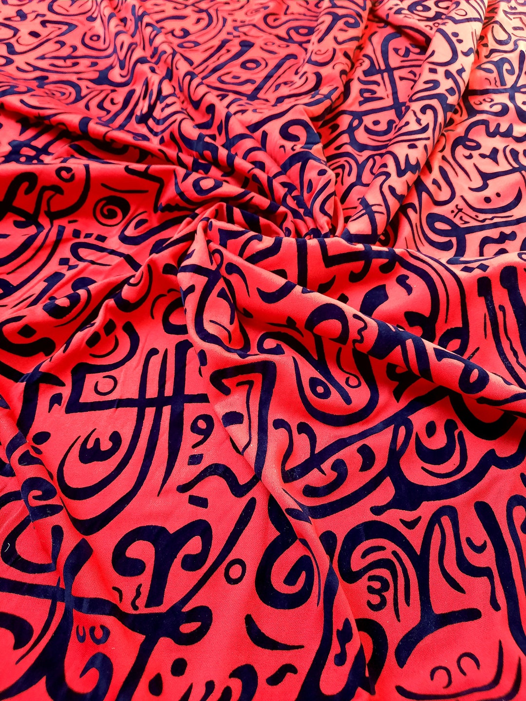 Dark Blue Velvet Arabic Letters Stretch Fabric. Ideal for Form-fitting ...