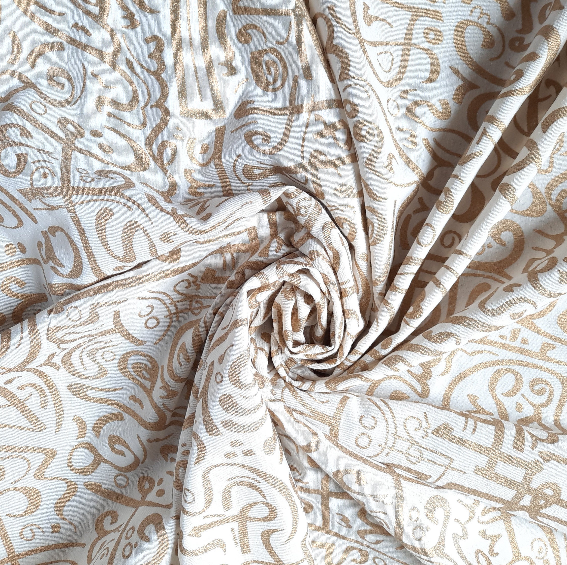 Offwhite Fabric With Golden Cursive Script Printed Cotton | Etsy