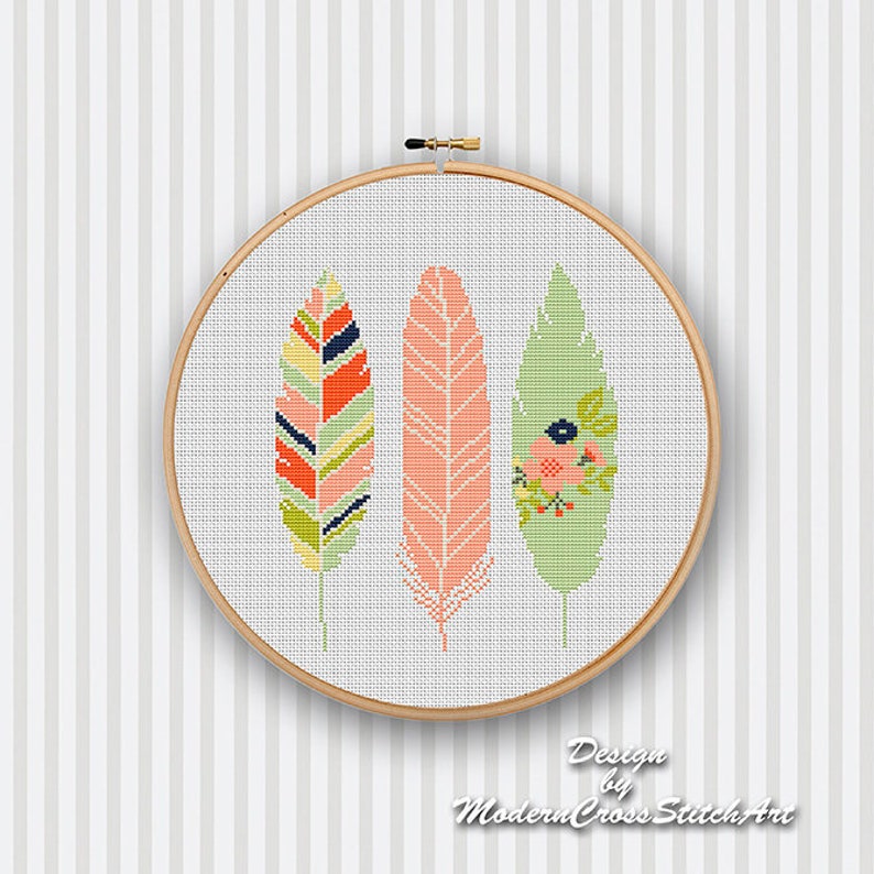 Feather Cross Stitch Pattern Modern Boho Feather Pastel Color - Etsy