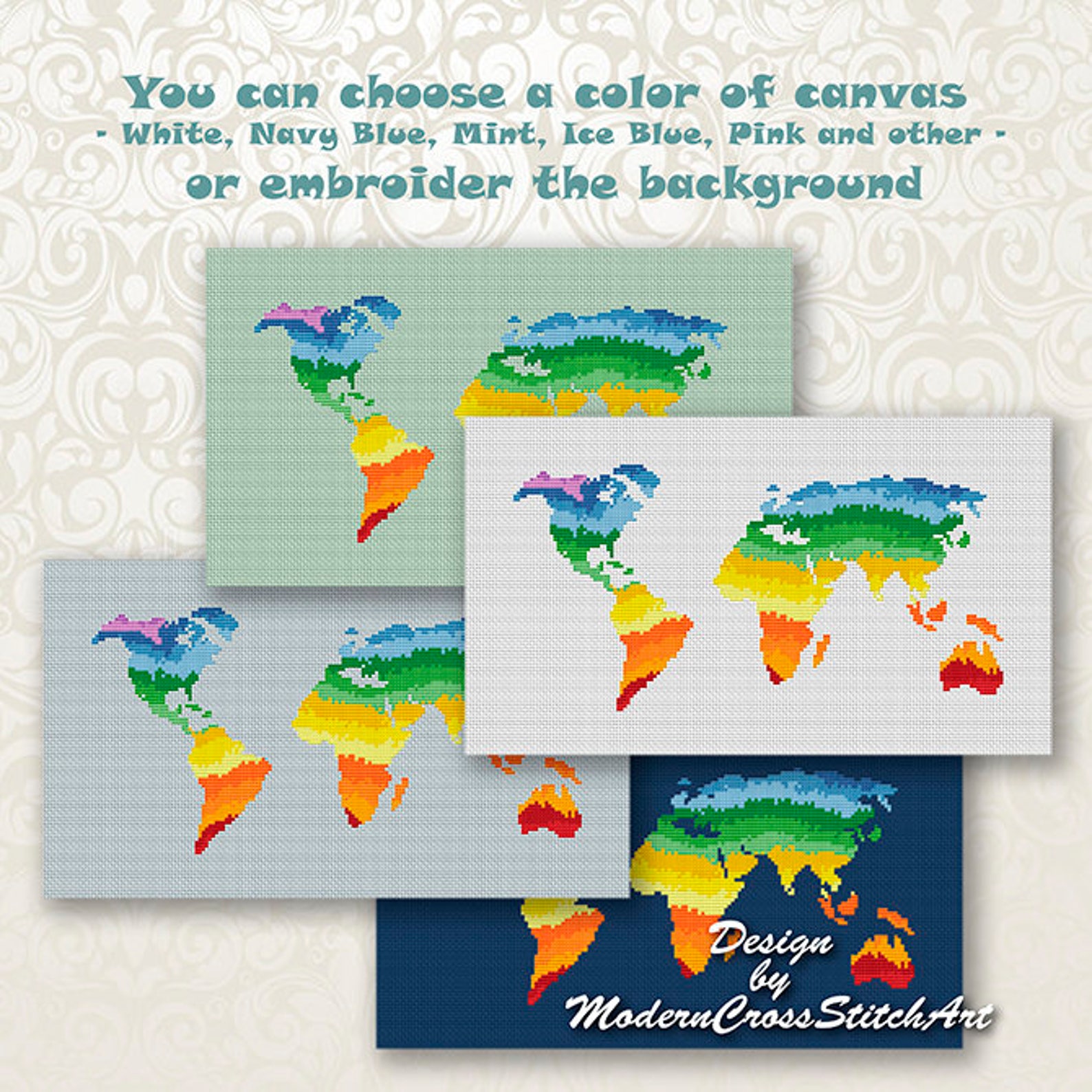 World Map Cross Stitch Pattern Rainbow Cross Stitch Modern - Etsy