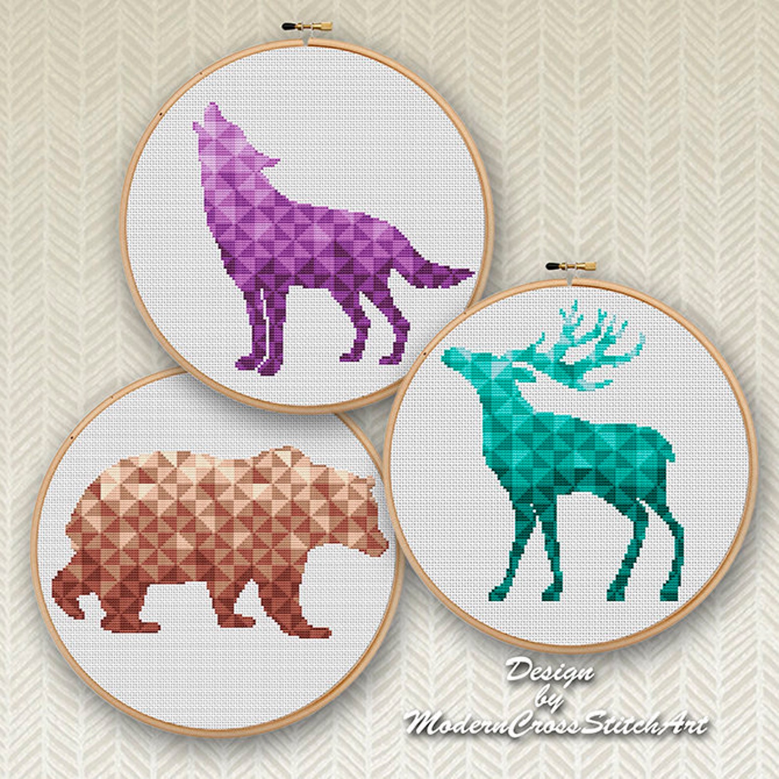 Animals Cross Stitch Set of 3 Patterns PDF Geometric Deer - Etsy