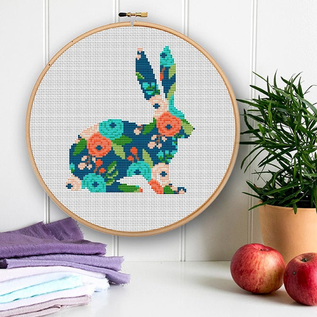 Floral Rabbit Modern Cross Stitch Pattern PDF, Easter Gift DIY ...