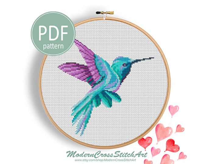 HUMMINGBIRD Counted Cross Stitch Modern Watercolor Bird Cross Stitch ...