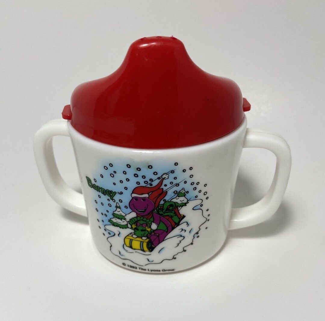 Vtg 1993 Barney Snow Sledding Plastic Sippy Cup Double Handle Purple ...