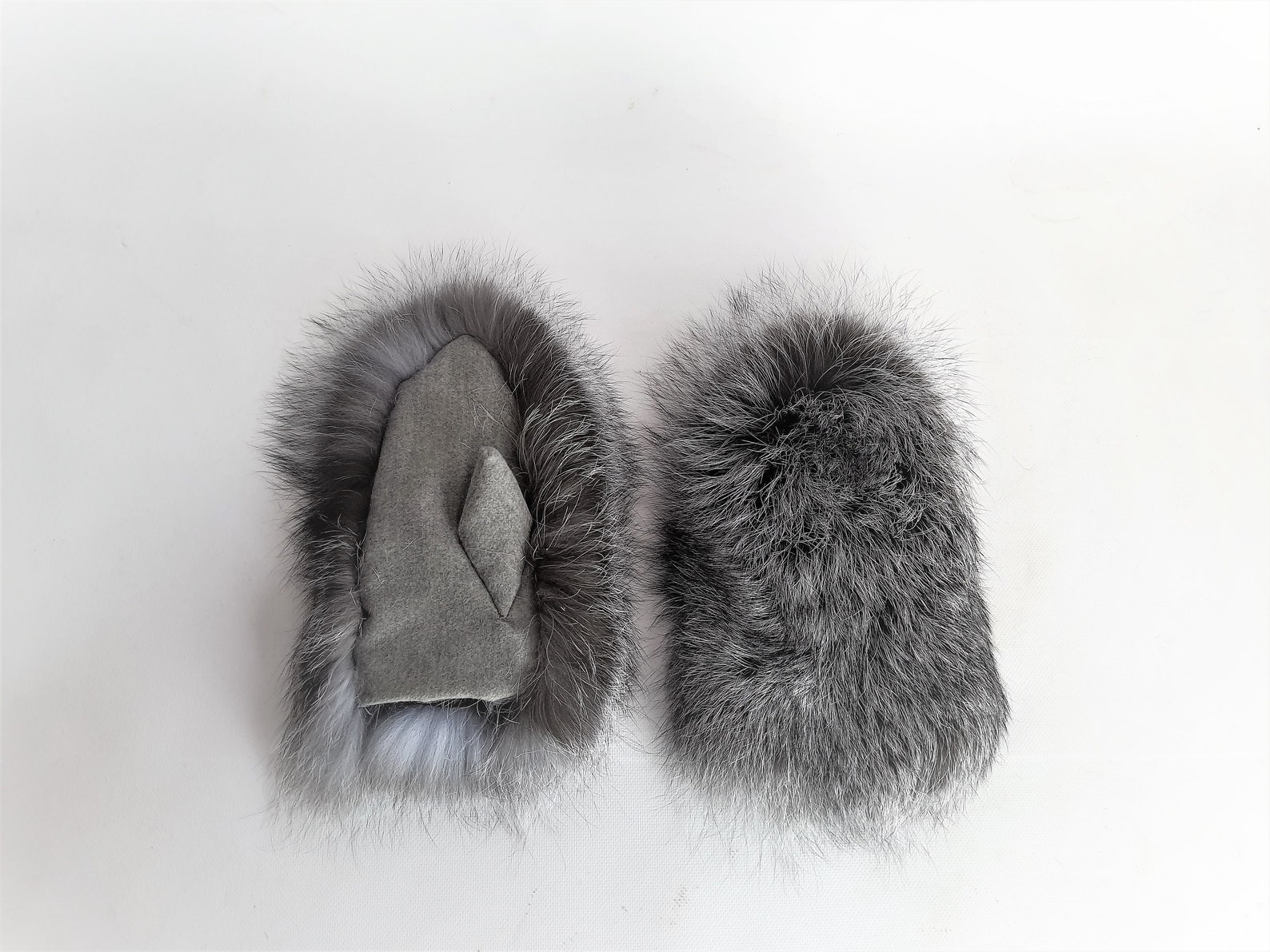 Handmade Silver Fox Fur Mittens With Wool Coat Fabric and - Etsy