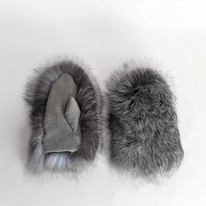 Handmade Silver Fox Fur Mittens With Wool Coat Fabric and Fleece Lining ...