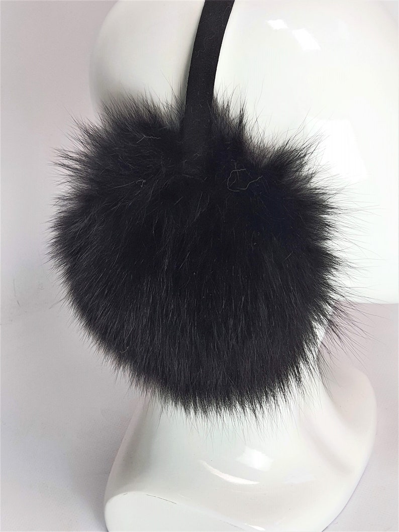 Real Black Fox Fur Earmuffs With Leather Bezel in Black Color - Etsy