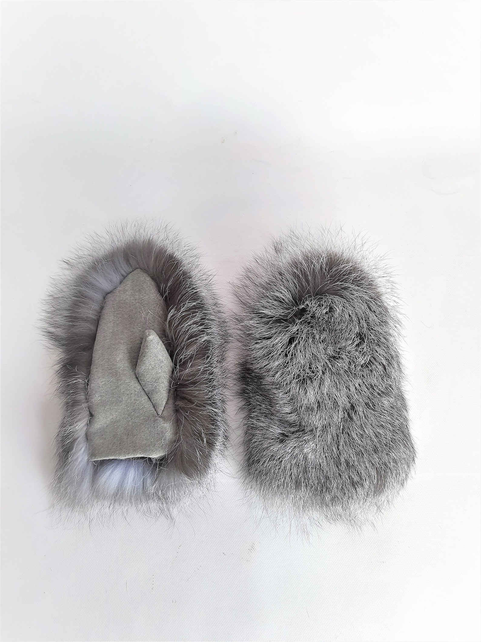 Handmade Silver Fox Fur Mittens With Wool Coat Fabric and - Etsy