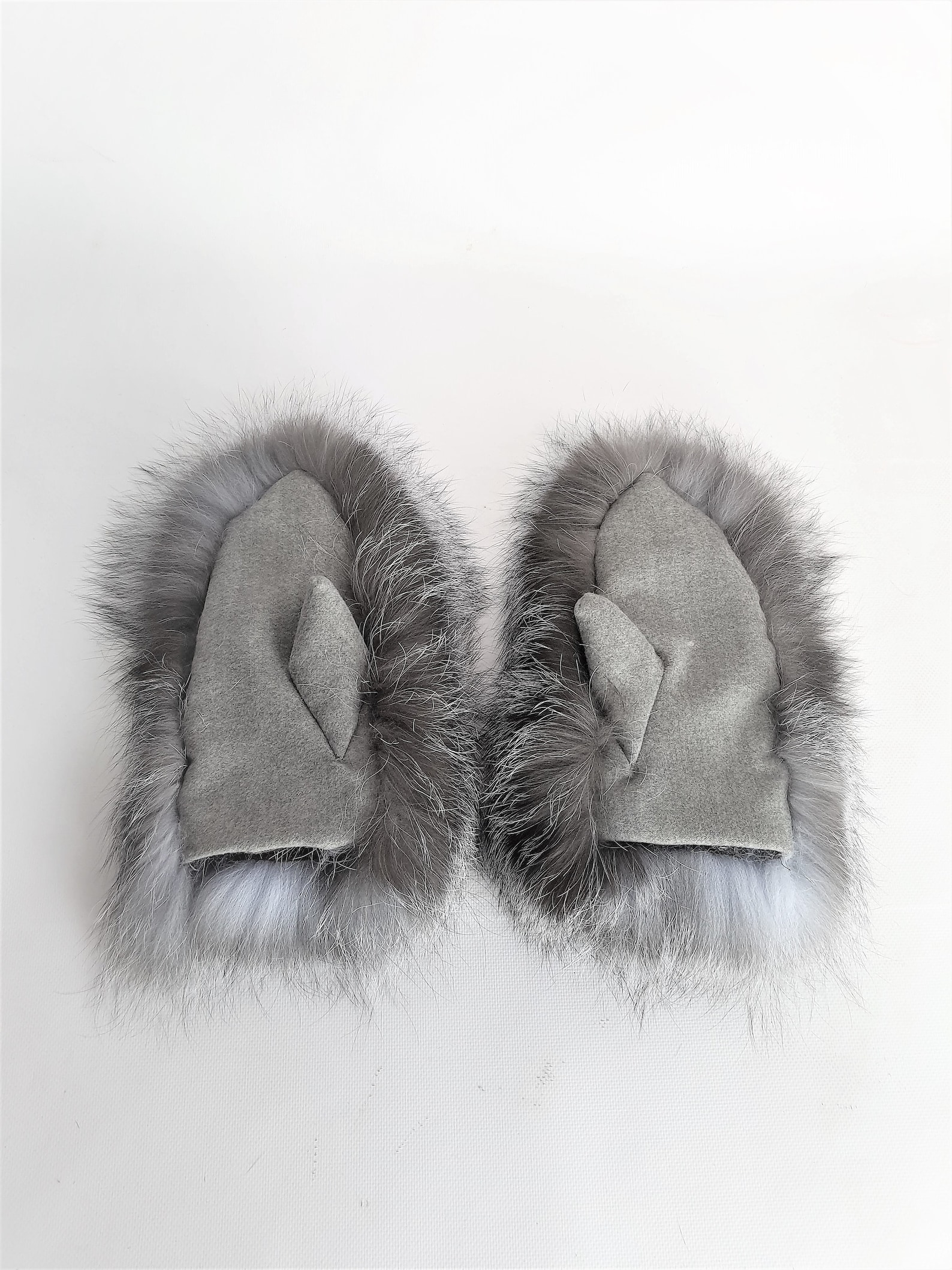 Handmade Silver Fox Fur Mittens With Wool Coat Fabric and - Etsy