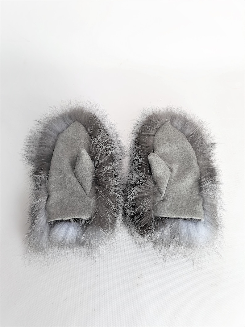Handmade Silver Fox Fur Mittens With Wool Coat Fabric and - Etsy