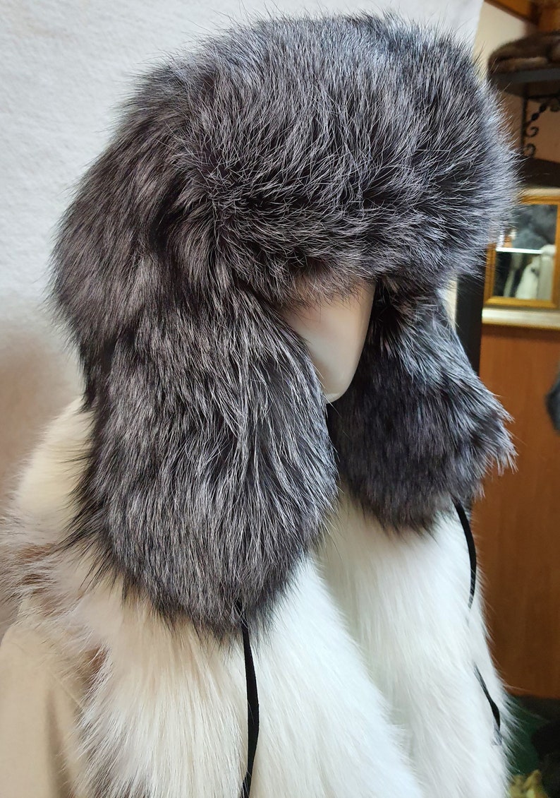 Silver Fox Fur Hat Aviator Winter Hat Silver Fox Fur Trapper | Etsy