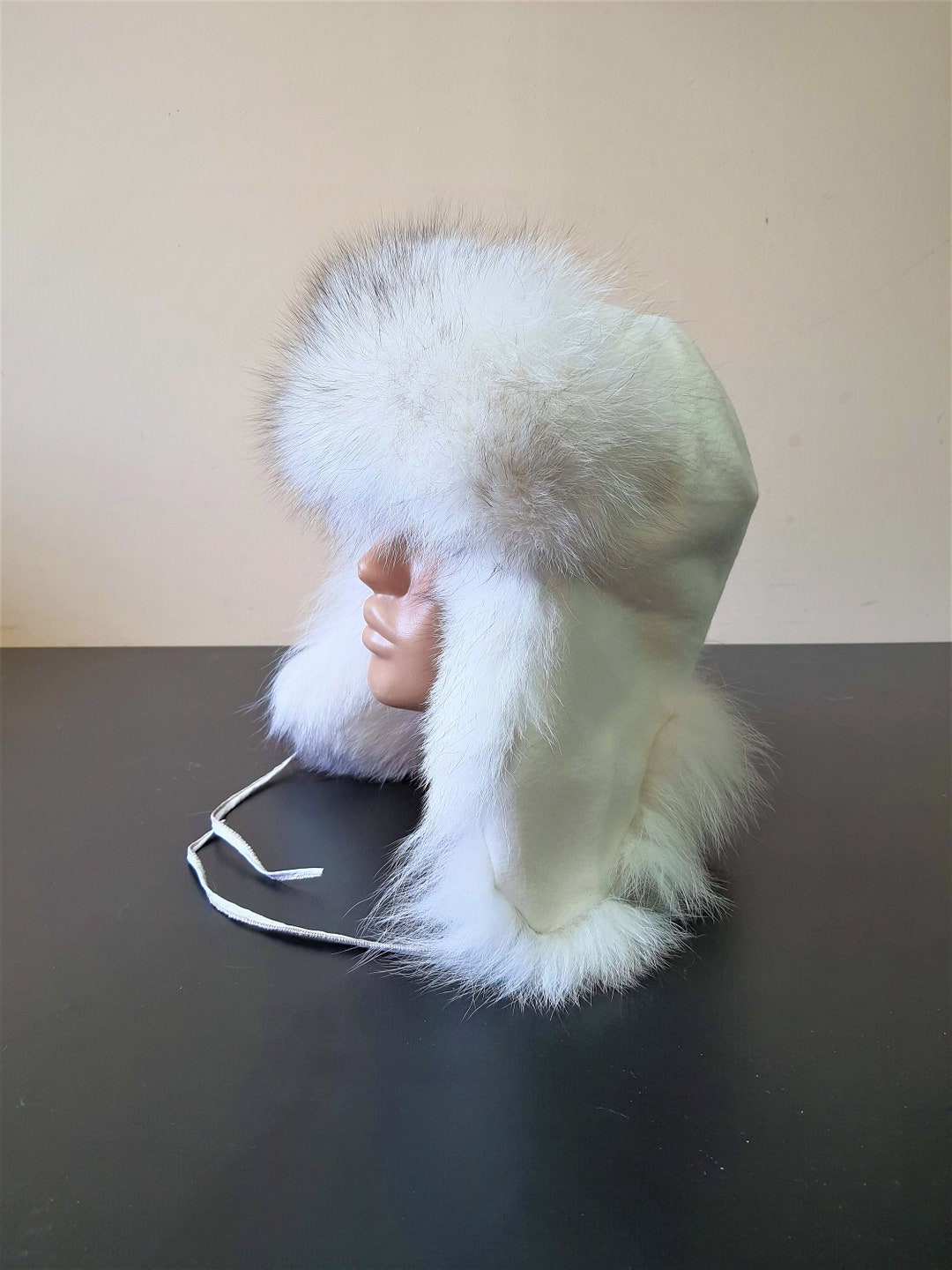 White Fox Fur Hat With Coat Fabric Aviator Winter Hat Fox Fur - Etsy
