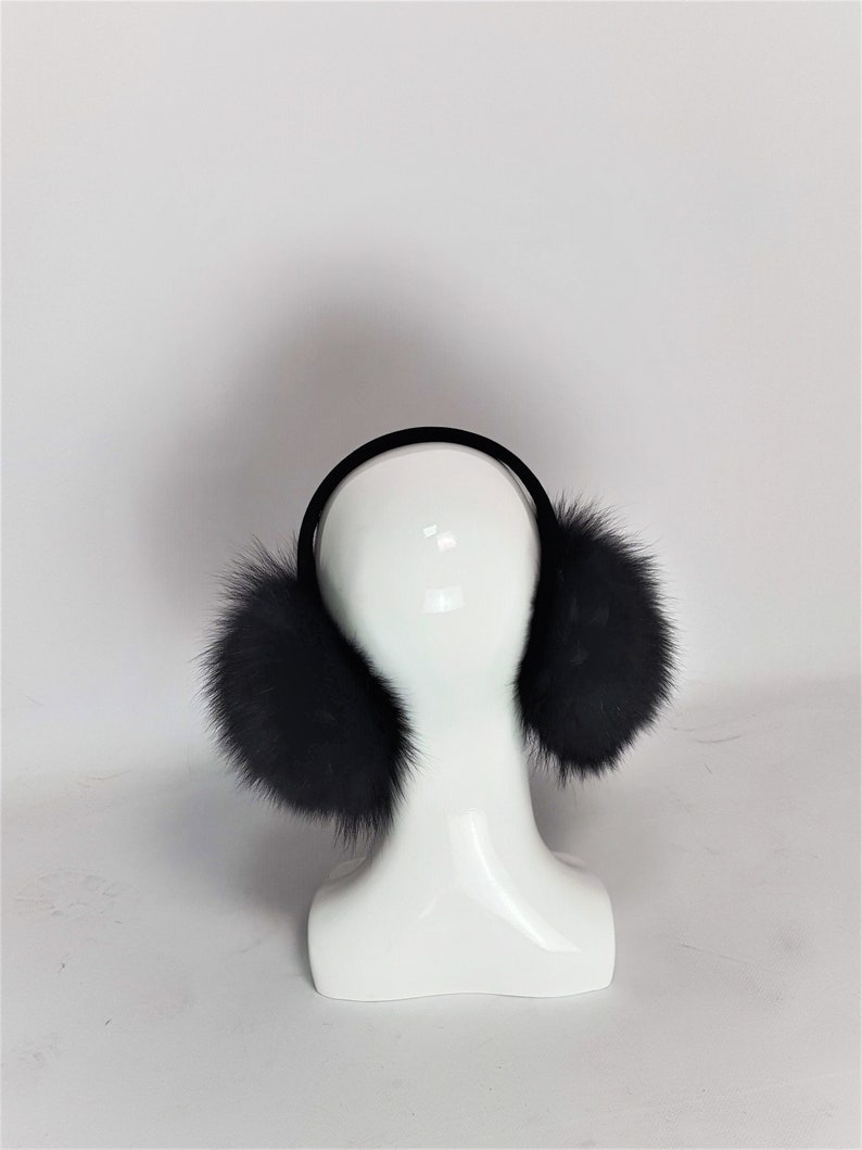 Real Black Fox Fur Earmuffs With Leather Bezel in Black Color - Etsy