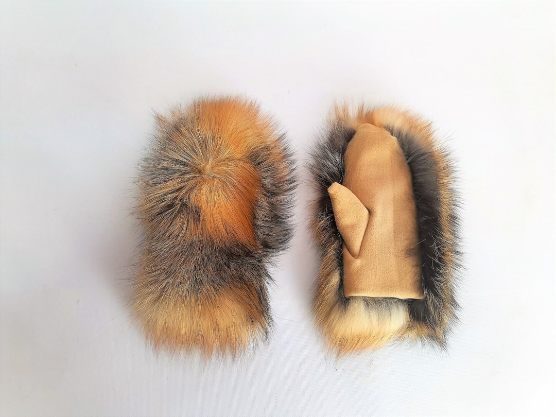 Handmade Gold Cross Fox Fur Mittens With Wool Fabric and Fleece Lining ...