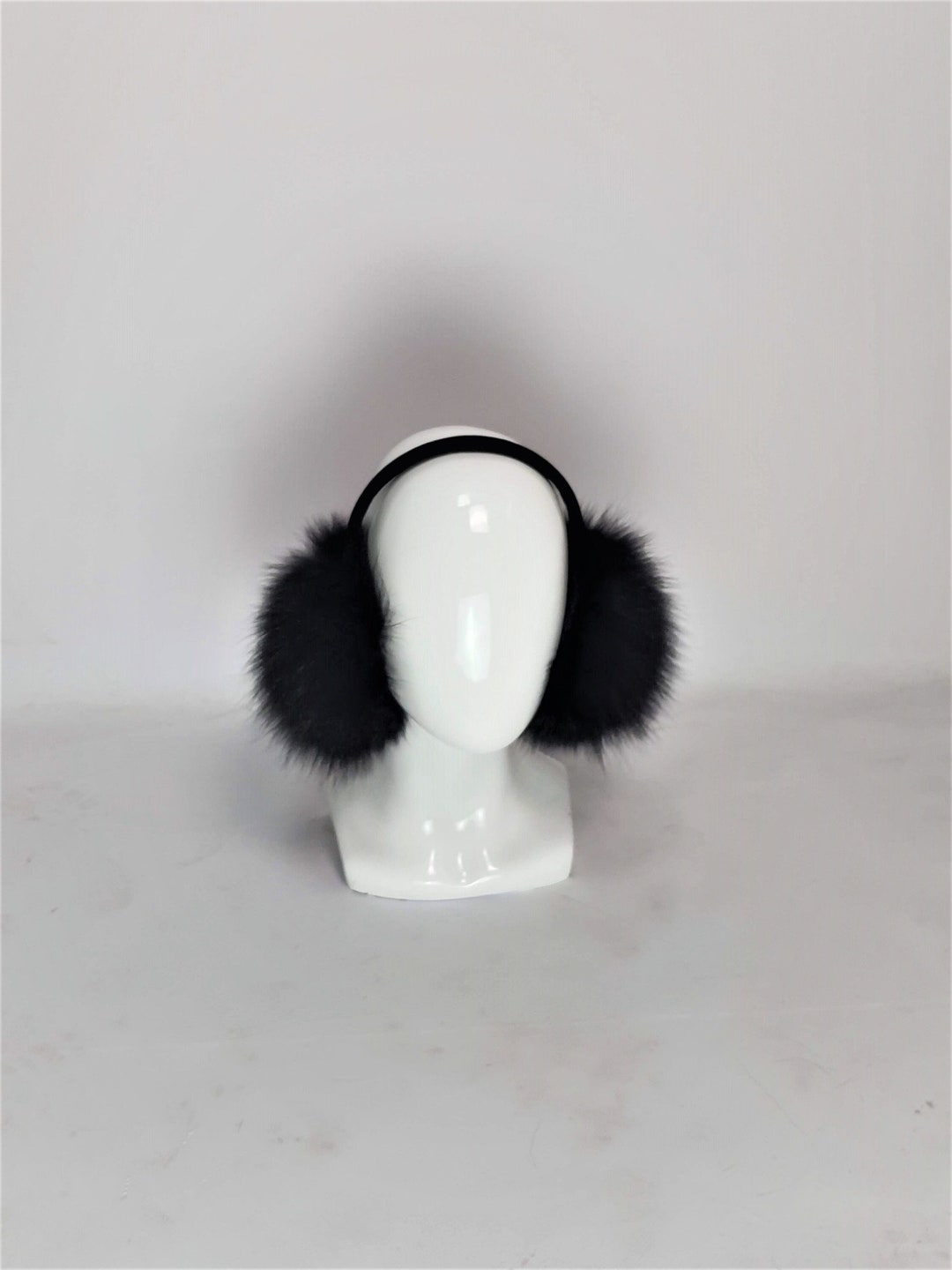 Real Black Fox Fur Earmuffs With Leather Bezel in Black Color, Fox Fur ...