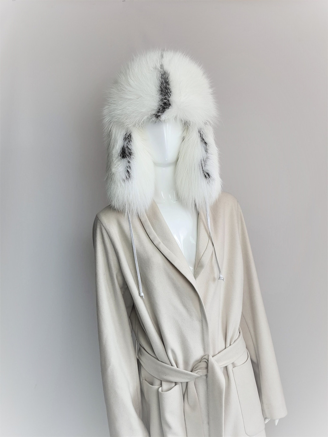 White Fox Fur Hat, Aviator Winter Hat, White Fox Fur Trapper Hat ...