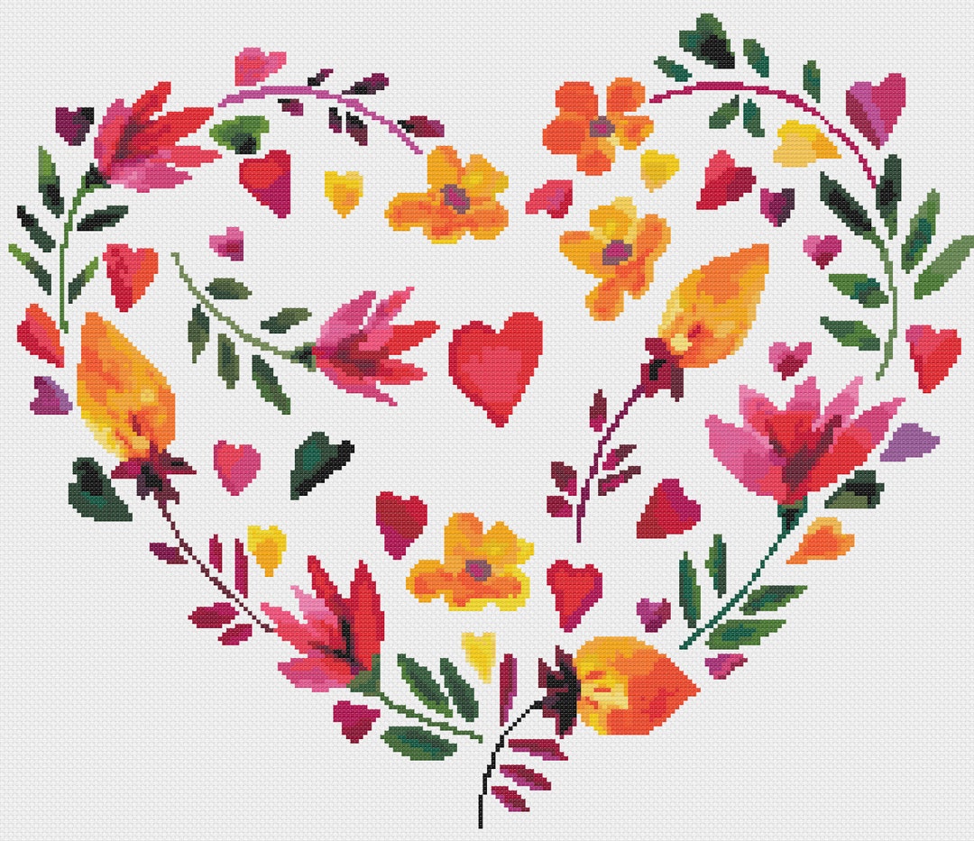 Heart Flowers Pattern cross-stitch Flower Heart. Heart shaped flowers ...
