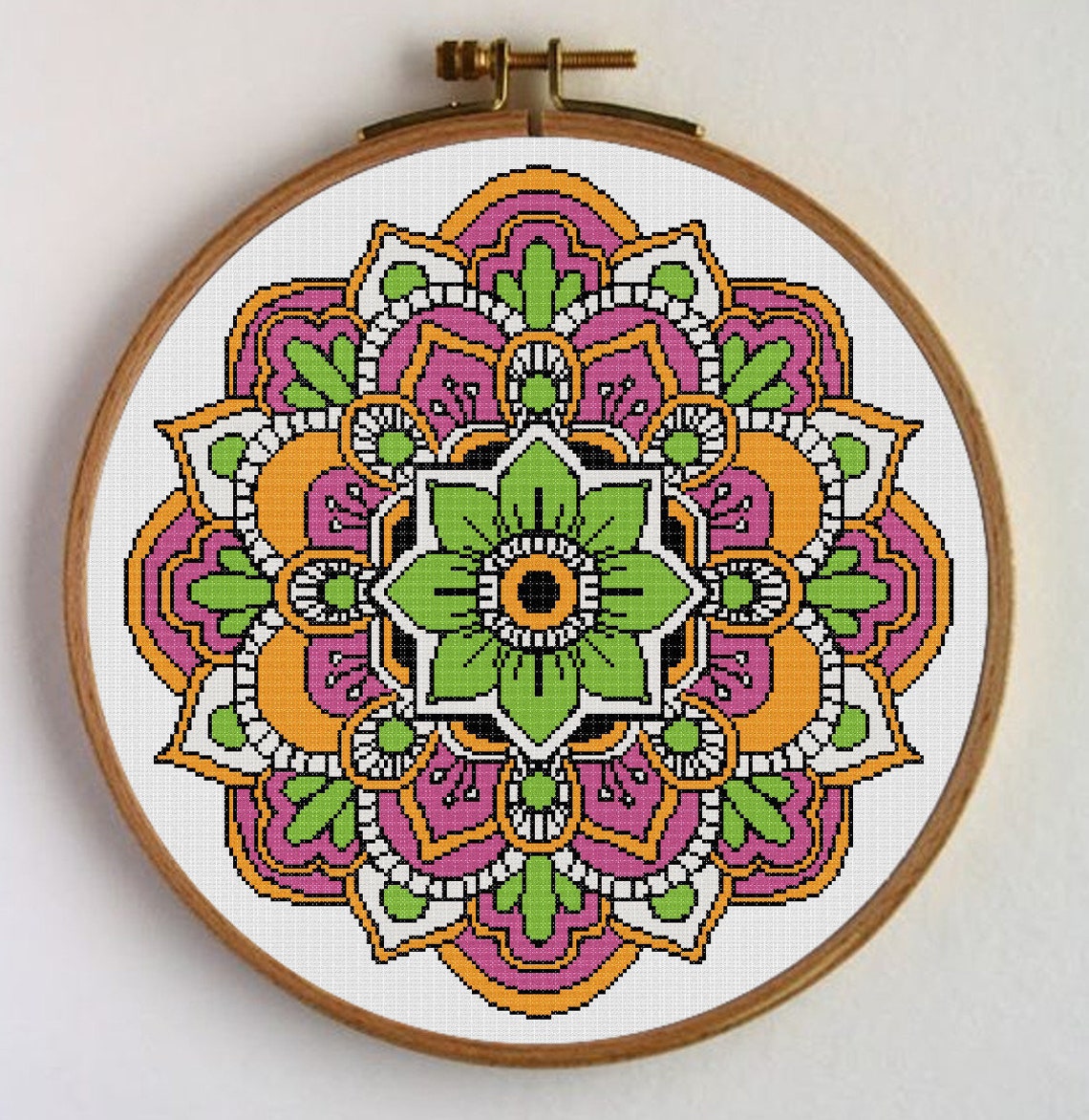 Mandala flower cross stitch pattern in green and orange. Flower Mandala ...