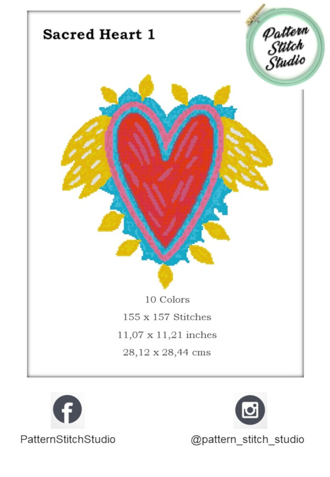 Sacred Heart Pattern Cross Stitch Mexican Heart Cross Stitch, Sacred ...