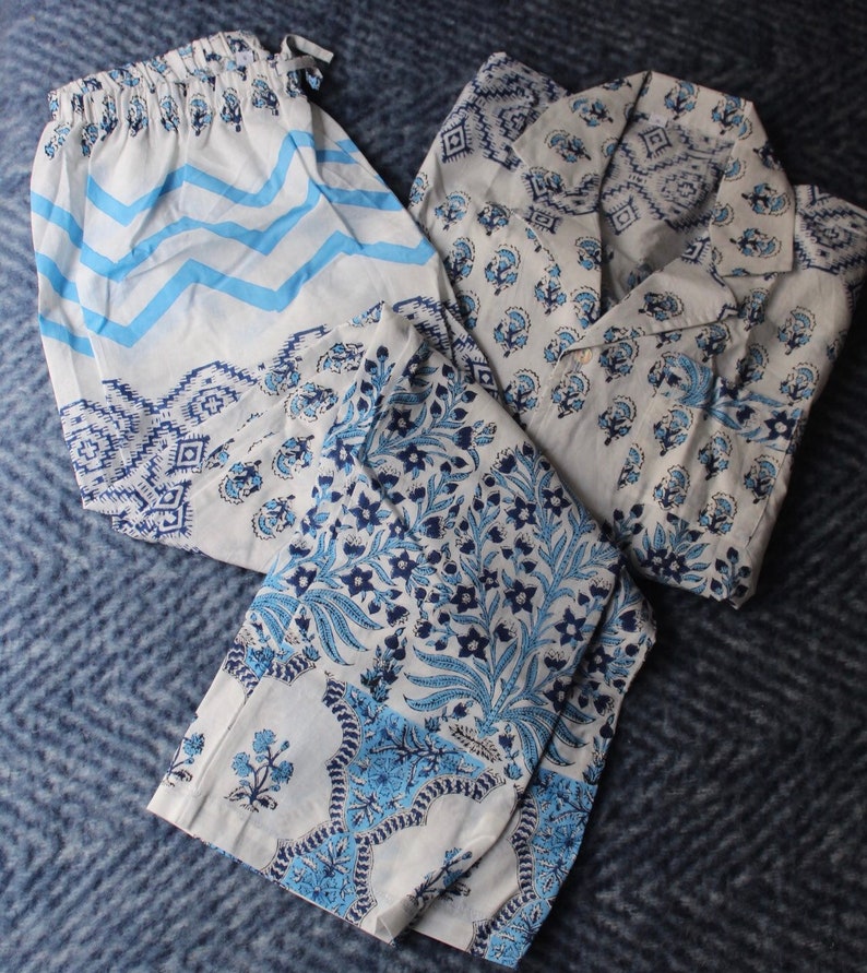 Blue and White Multi Pattern Pjs, Women's Pajamas, Boho Pjs, Bridesmaid ...