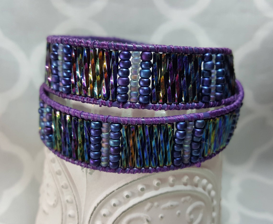 Twisted Bugle & Seed Bead Double Wrap Bracelet, Metallic Purple ...