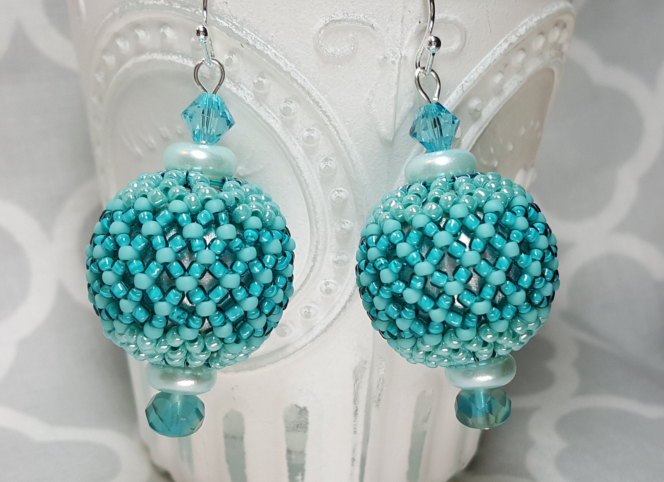 Shades of Turquoise color Netted Bead Earrings, Beaded Earrings, Dangle ...
